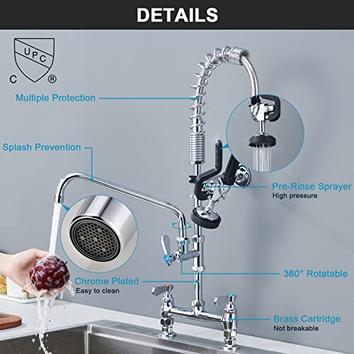 Favorpo Commercial Sink Faucets with Pull Down Sprayer 24"Pre-Rinse Height Deck Mount Kitchen Faucet Brass Constructed Polished Chrome 8" Center Faucet with 10" Add-on Spout for 3 Compartment Sink