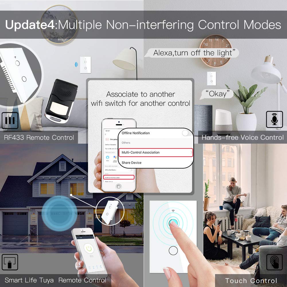 MoesGo WiFi Smart Wall Light Switch,Glass Panel, Multi-Control(3 Way), 2.4GHz Wi-Fi Touch Switches, Neutral Wire Required, Remote Control Smart Life/Tuya App, Work with Alexa, Google Home White 2 Gang