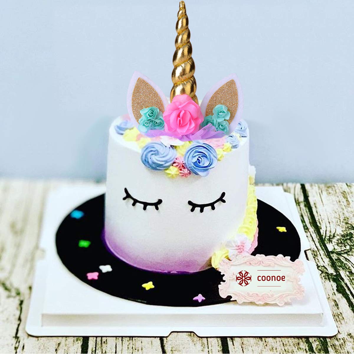 coonoe, Unicorn Cake Topper,Handmade Party Cake Decoration Supplies with Eyelashes and stack,Reuasble Gold Horn for Birthday Party,Baby Shower, Wedding