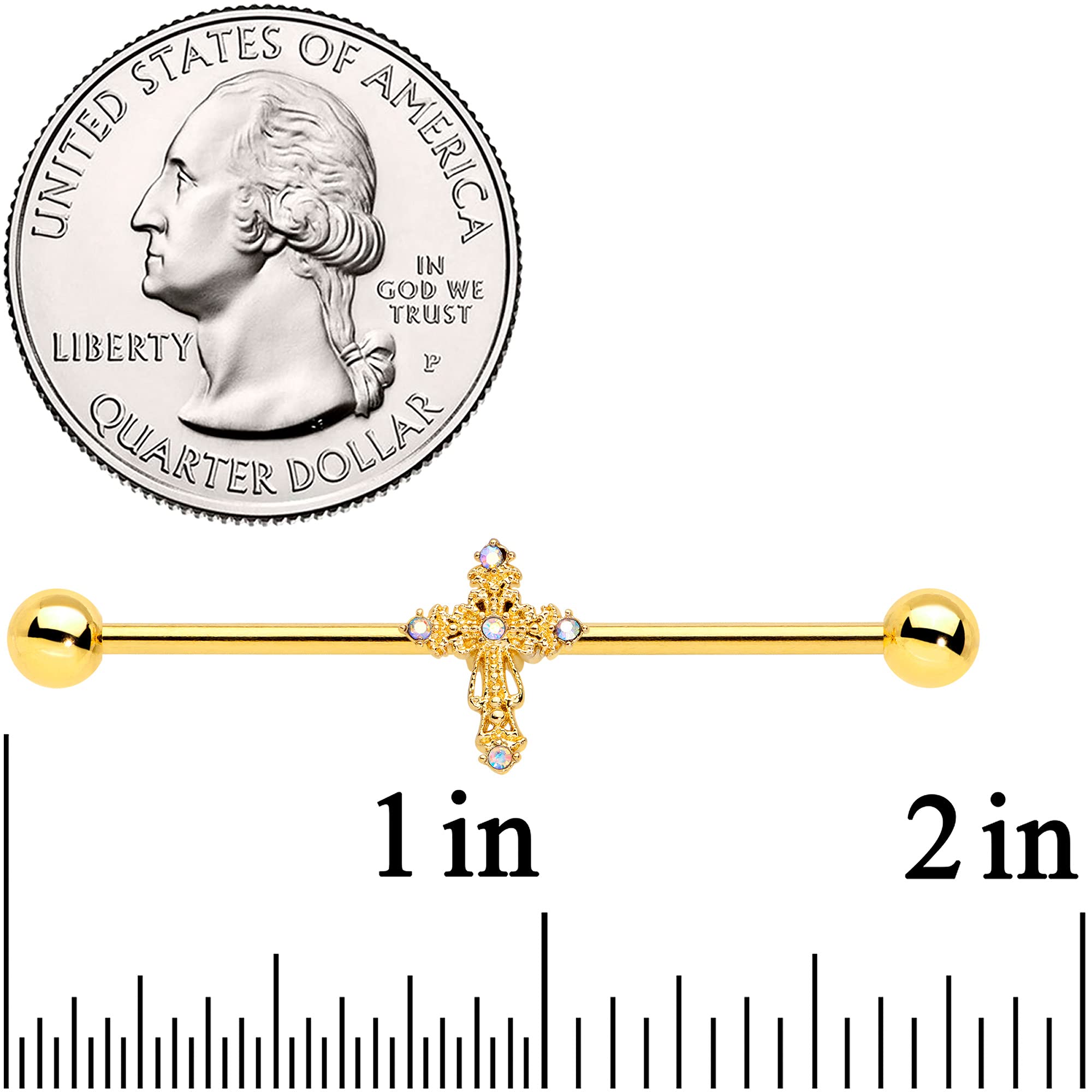 Body Candy Womens 14G PVD Stainless Steel Helix Cartilage Earring Subtle Cross Industrial Barbell 1 1/2"