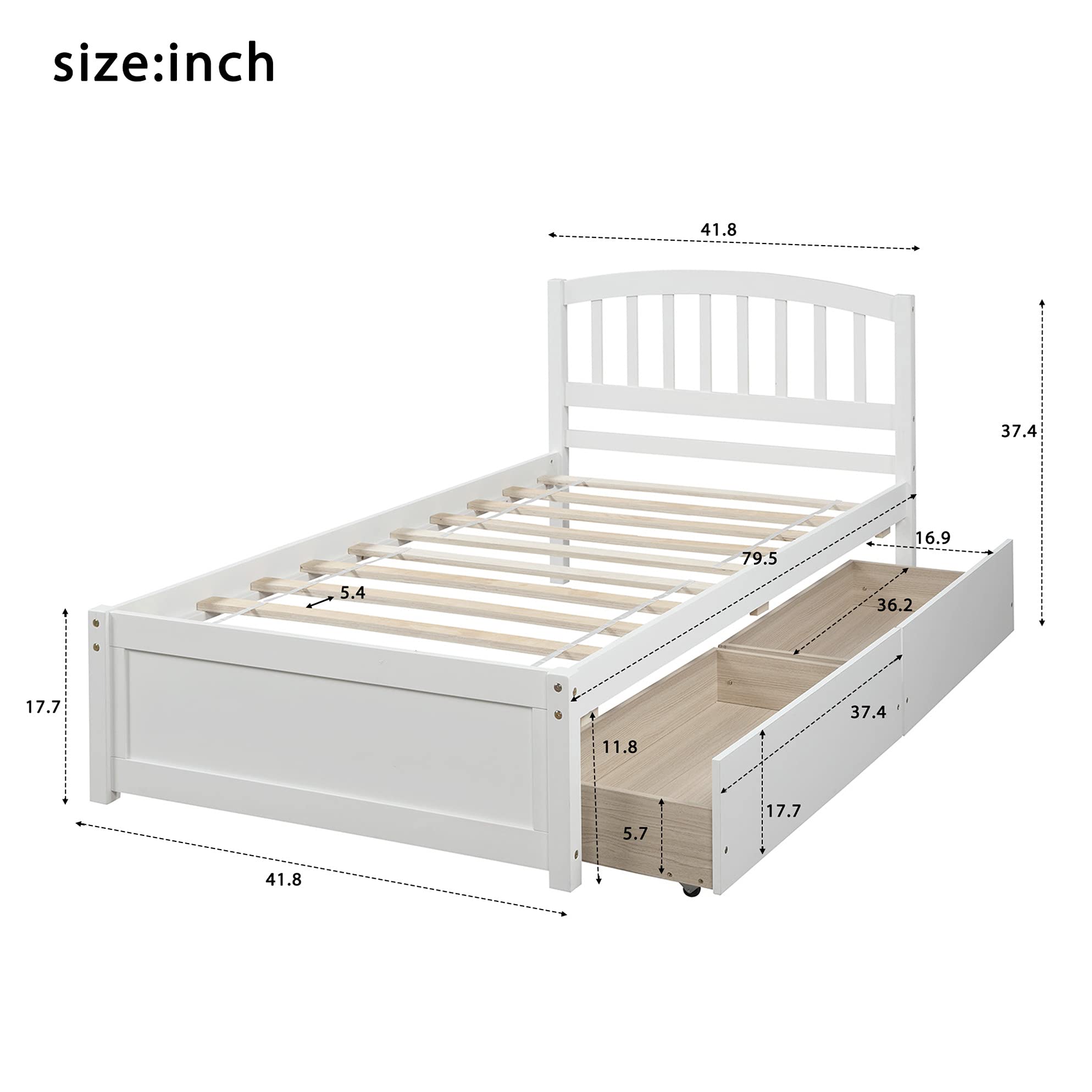 Harper & Bright Designs Twin Bed Frame with Drawers, Wooden, White