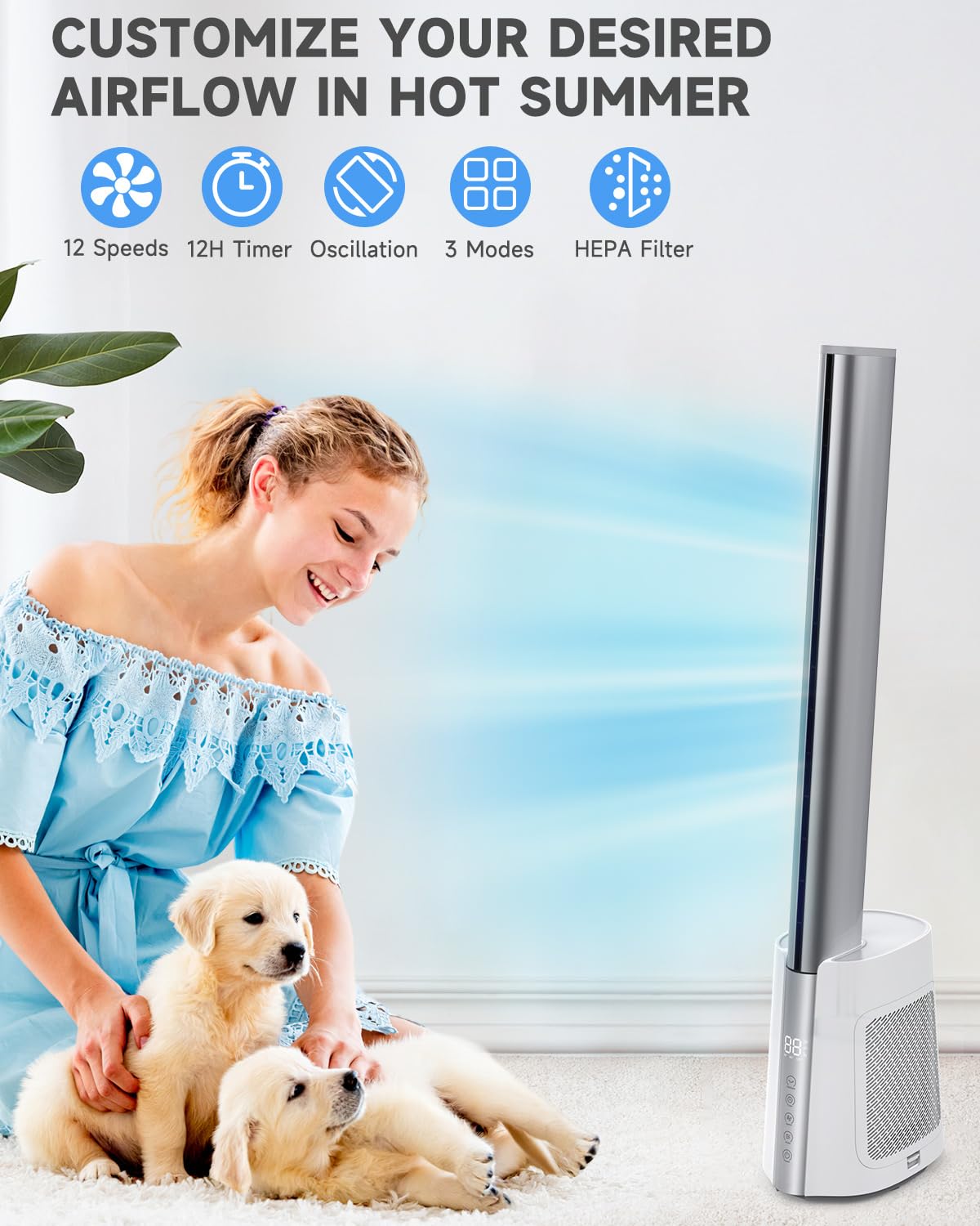 Gimify 40'' Bladeless Tower Fan for Home with Remote Control, Quiet 120° Oscillating Fan with 3 Modes 12 Wind Speeds,12H Timer, Standing Fan with HEPA Filter 99.97% Smoke Dust for Bedroom Office