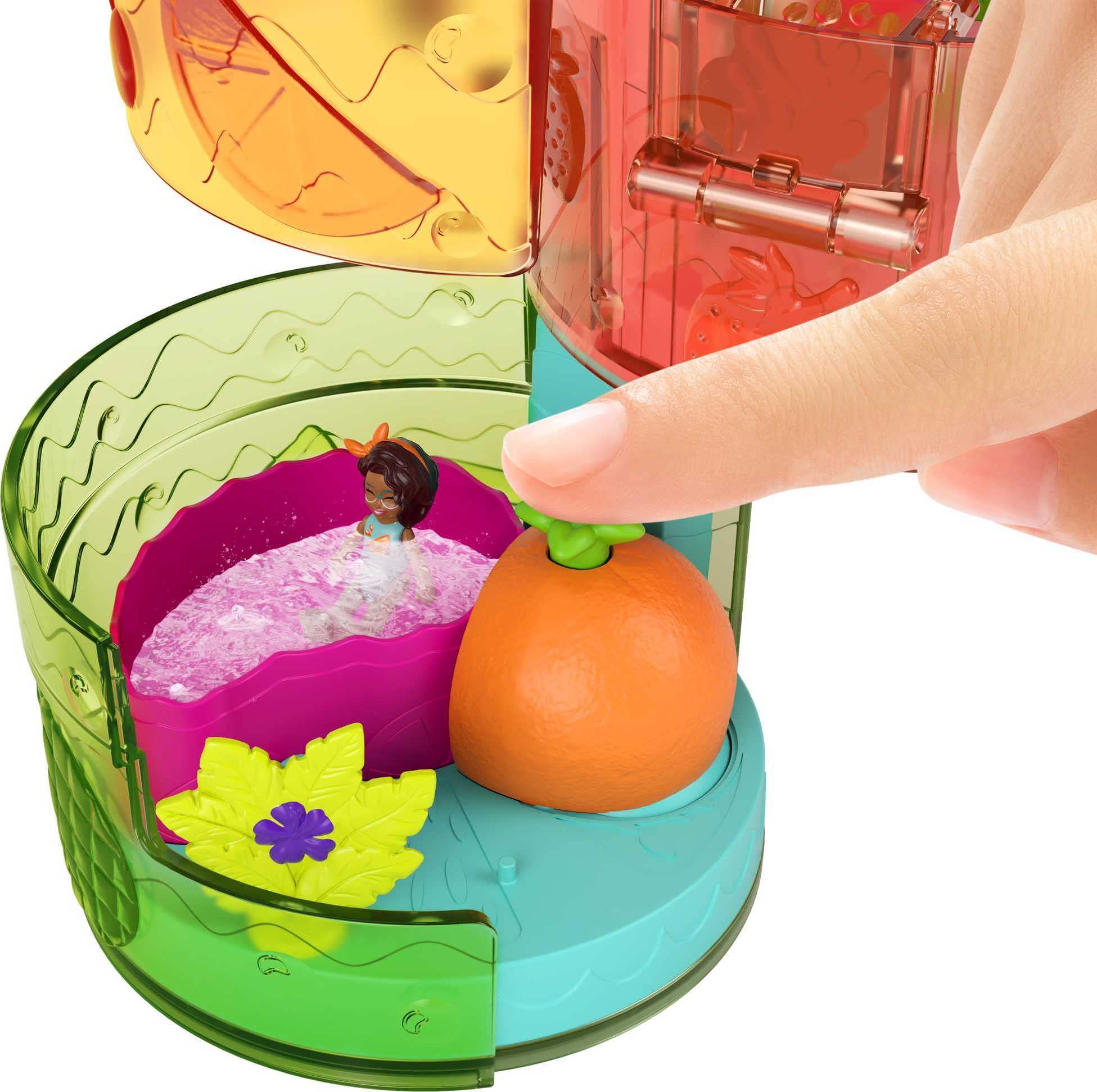 Polly Pocket 2-in-1 Travel Toy Playset, Spin 'N Surprise Smoothie with Micro Polly & Lila Dolls, Plus 25 Accessories