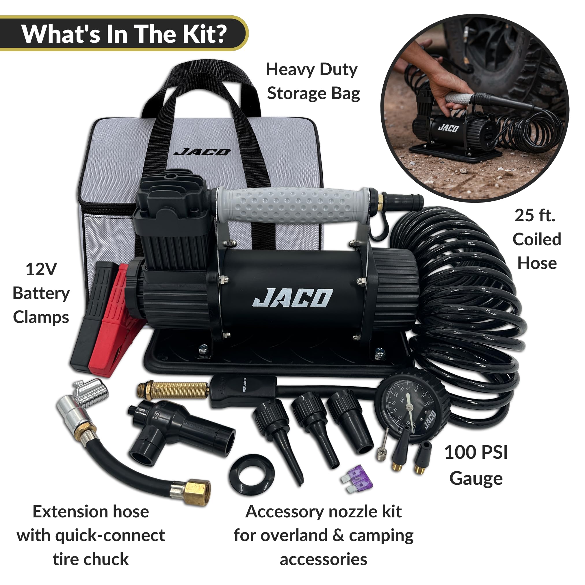 JACO 4X4 TrailPro Heavy Duty Portable Air Compressor - 3.5 CFM (12V/33A) | On x Off Road Tire Inflator Kit