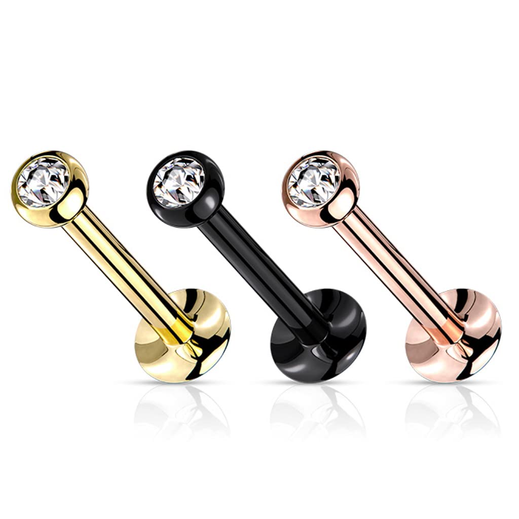 BODY DAZZ 20G-16G Clear Crystal Threadless Push Top Surgical Steel Labret Cartilage Nose Ring Piercing Stud (3PC Color Mix 20G 6mm)