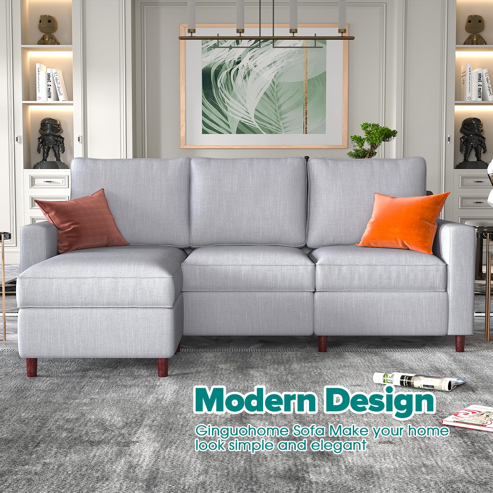 GinguoHome Convertible Sectional Sofa Couch, 3 Seat L-Shaped Sofa with Linen Fabric, Movable Ottoman Small Couch for Small Apartments, Living Room and Office (Grey)
