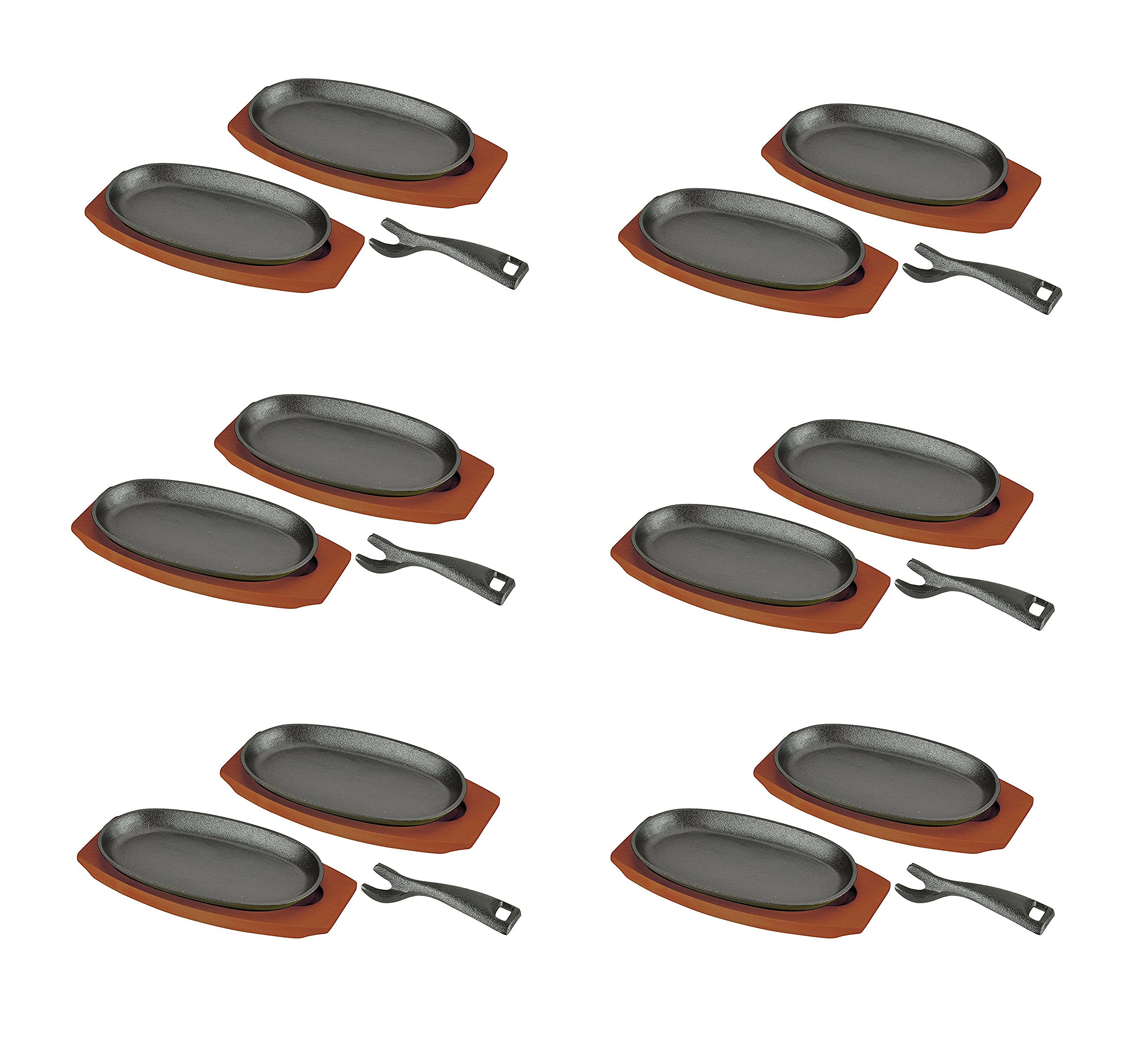 JapanBargain 1809, Set of 2 Sizzling Steak Plates with Wooden Base Cast Iron Fajita Skillet Server Plate for Home or Restaurant Use, Induction Cookware, 6 Set