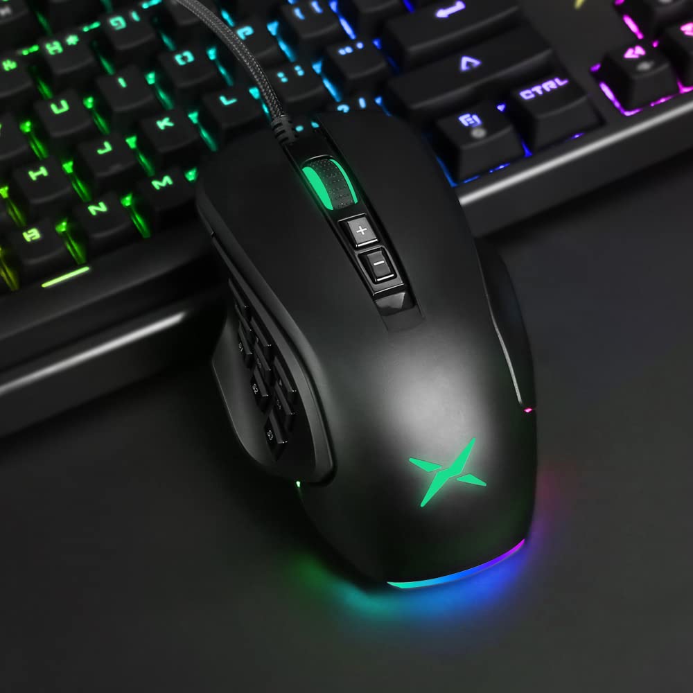 DeLUX Wired MMO Gaming Mouse with 4 Interchangeable Side Plates, 12400DPI, 14 Programmable Buttons, RGB Light, 1000Hz Report Rate, Pro Ergonomic Gamer Mouse for PC Computer Laptop (M631-Black)