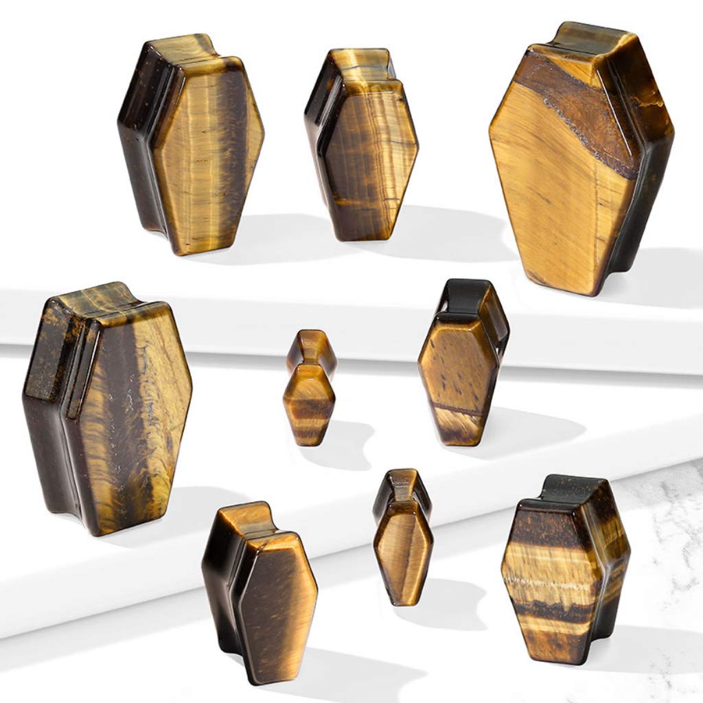 BODY DAZZ Pair 6mm-25mm Double Flared Natural Stone Coffin Plugs (Tiger Eye 7/8" (22mm))