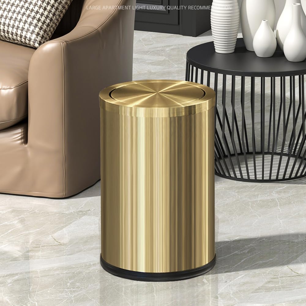 LEASYLIFE Antique Gold Trash can,Gold Bathroom Trash can with lid,Small Trash Can with Flipping Lid, 2.4gallon,Gold Garbage can for Bathroom,Laundry,Hotel,Office, Laundry Room ,Metallic Gold (Single)