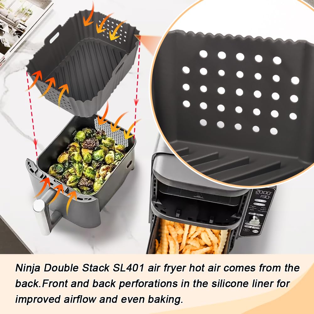 BYKITCHEN Silicone Air Fryer Liners for Ninja SL401/DZ201/DZ401/DZ550 Double Stack 2 Basket Air Fryer, Rectangle Perforated Dual Air Fryer Silicone Liners, Ninja DoubleStack XL Air Fryer Accessories