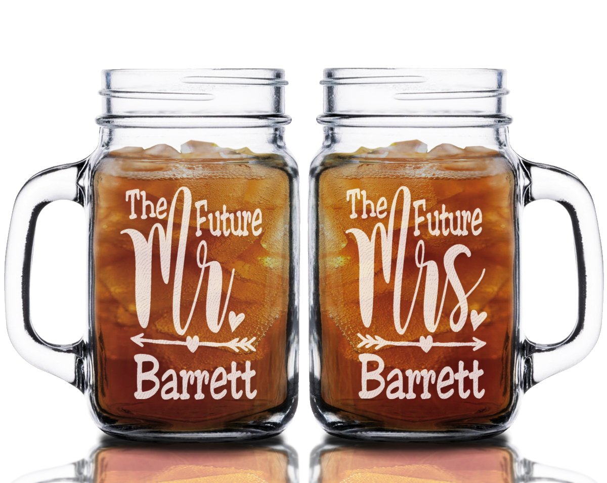 Custom-Engraved-Glasses-by-StockingFactory The Future Mr and Mrs Personalized Set of 2 Masons Mug Rustic Country Wedding Party Favors Newlywed Couple His and Her Mugs Groom Gift for Wife