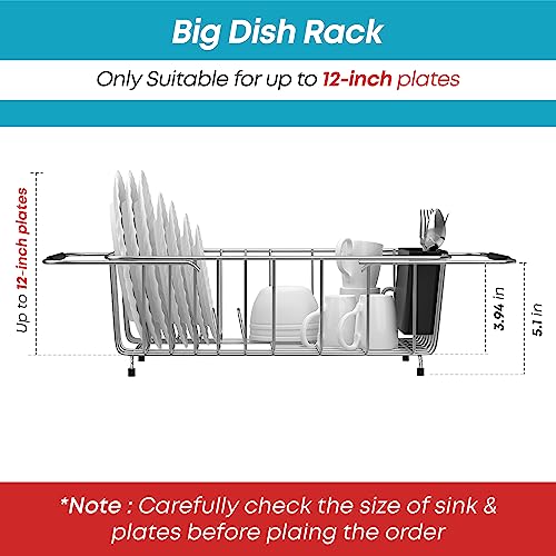 KESOL Over The Sink Drying Rack, Expandable Dish Rack with 2 Utensil Holders (1 Plastic & 1 Steel), 304 Stainless Steel Drying Rack for Kitchen Sink with Anti-Scratch Base, Rustproof Dish Drainer