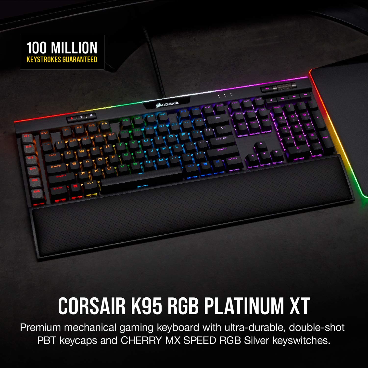 Corsair K95 RGB Platinum XT Mechanical Gaming Keyboard, Backlit RGB LED, CHERRY MX SPEED RGB Silver, Black (Renewed)