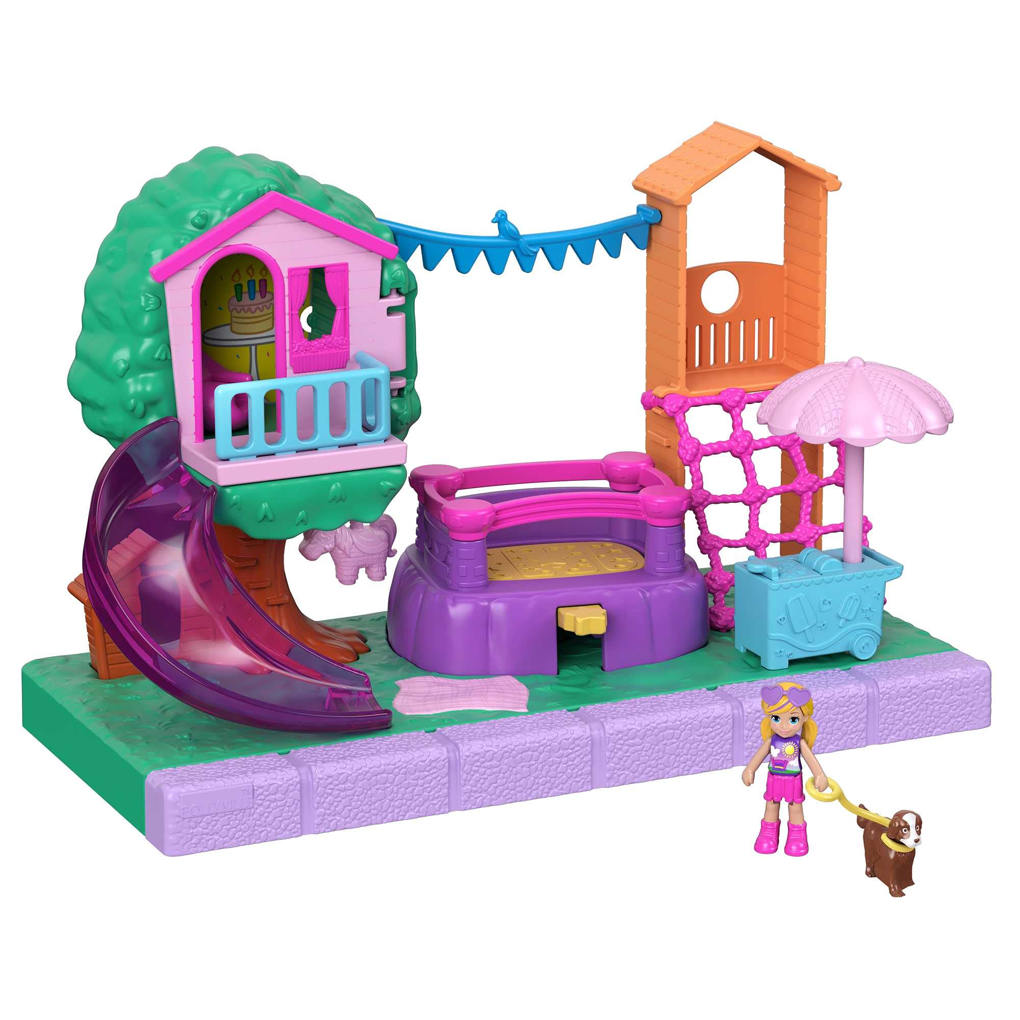 Polly Pocket Pollyville Playground Adventure Playset, Micro Polly Doll, Treehouse, Slide, Bouncy Castle, Jungle Gym, Ice Cream Cart, Peaches Figure & More, Great Gift for Ages 4 Years Old & Up