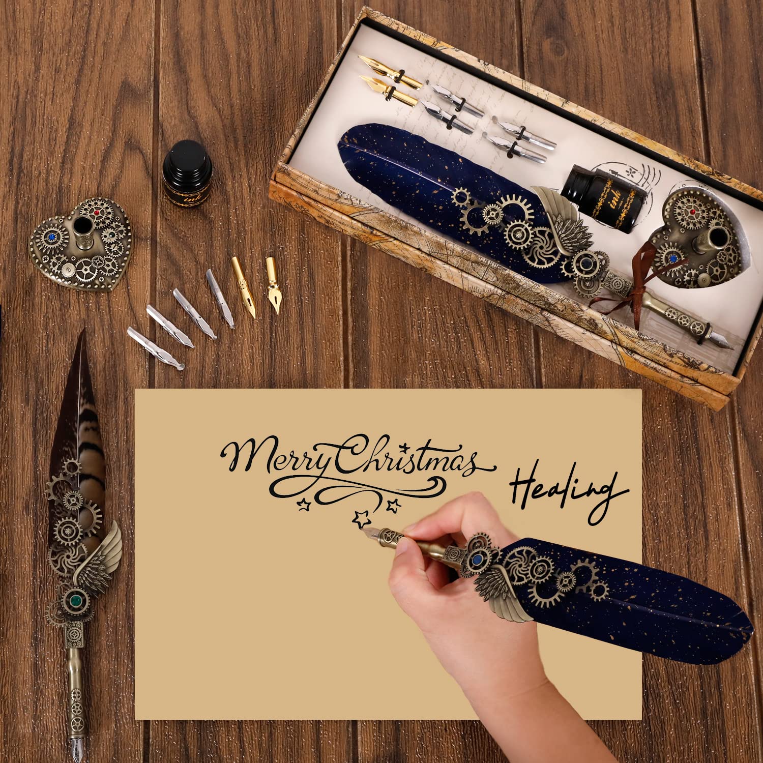 CALIYO Antique Quill Pen Ink Set, Feather Pen Calligraphy Pen Set, Mechanical Wing Quill Pen with Mechanical Exquisite Pen Holder, 6 Calligraphy Nibs, Suitable for Calligraphy Lovers(Blue Quill Pen)