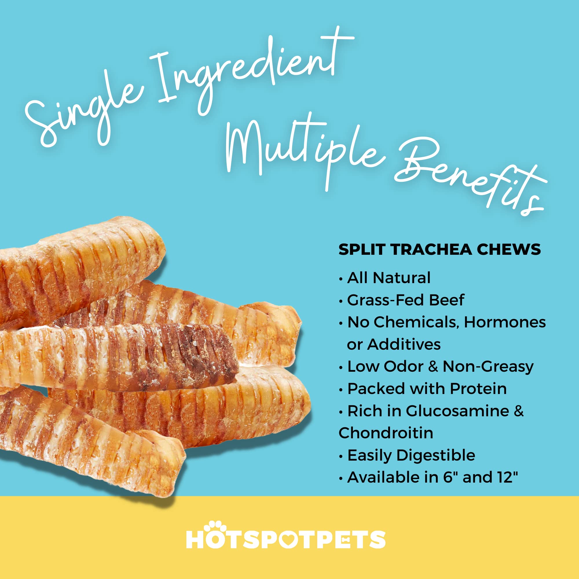hotspot pets Premium Beef Trachea for Dogs 6" Strips Split -(20 Pack) All Natural Grass-Fed Beef Dog Chews, Rich in Glucosamine Chondroitin for Joint Health, Single Ingredient No Rawhide Dog Treats