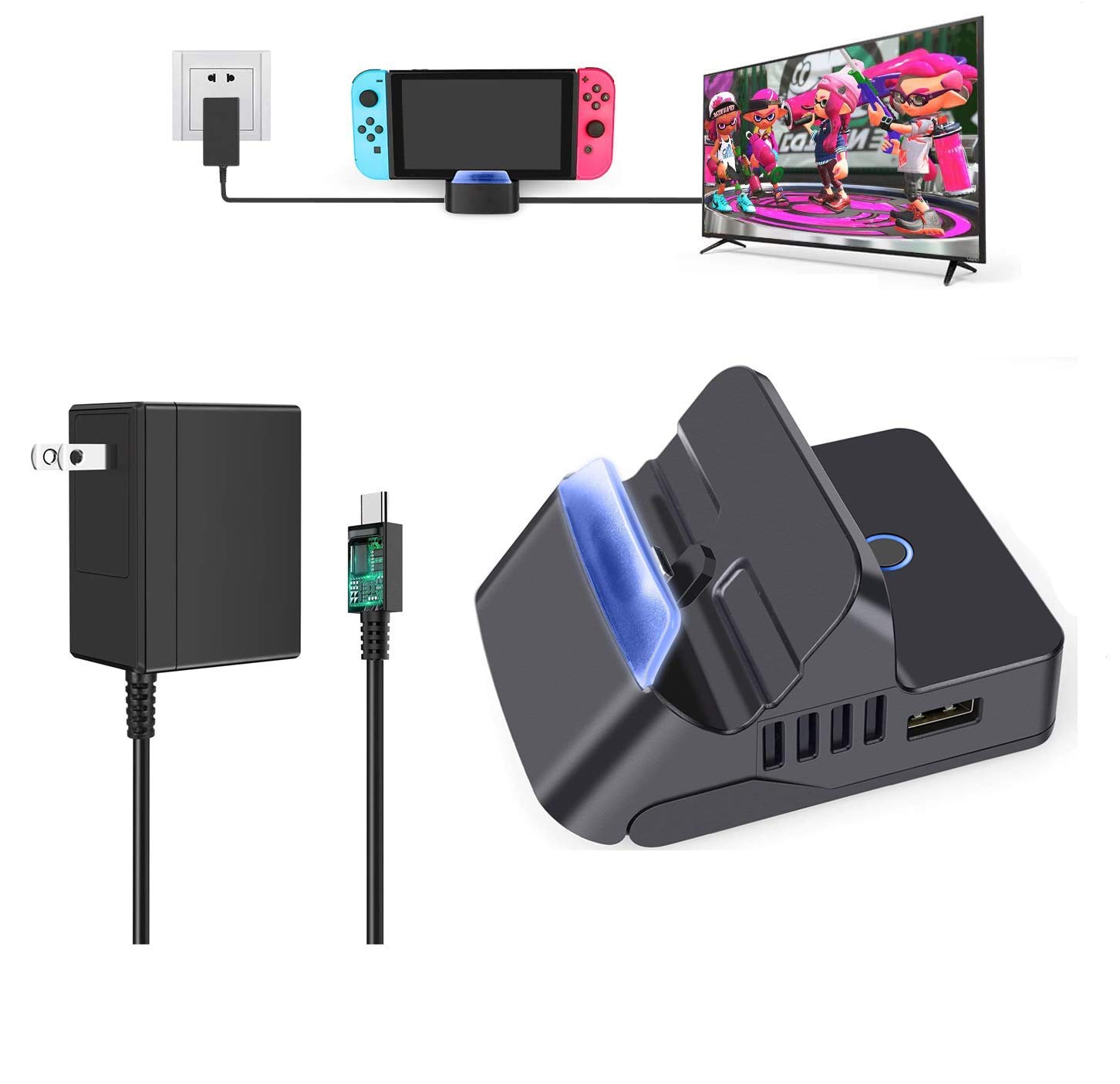 Kahool Switch Charger with TV Dock Set for Nintend Switch, Switch Lite, OLED,Non-OEM AC Power Adapter with 5ft Charging Cable, Portable Docking Station Base Cradle