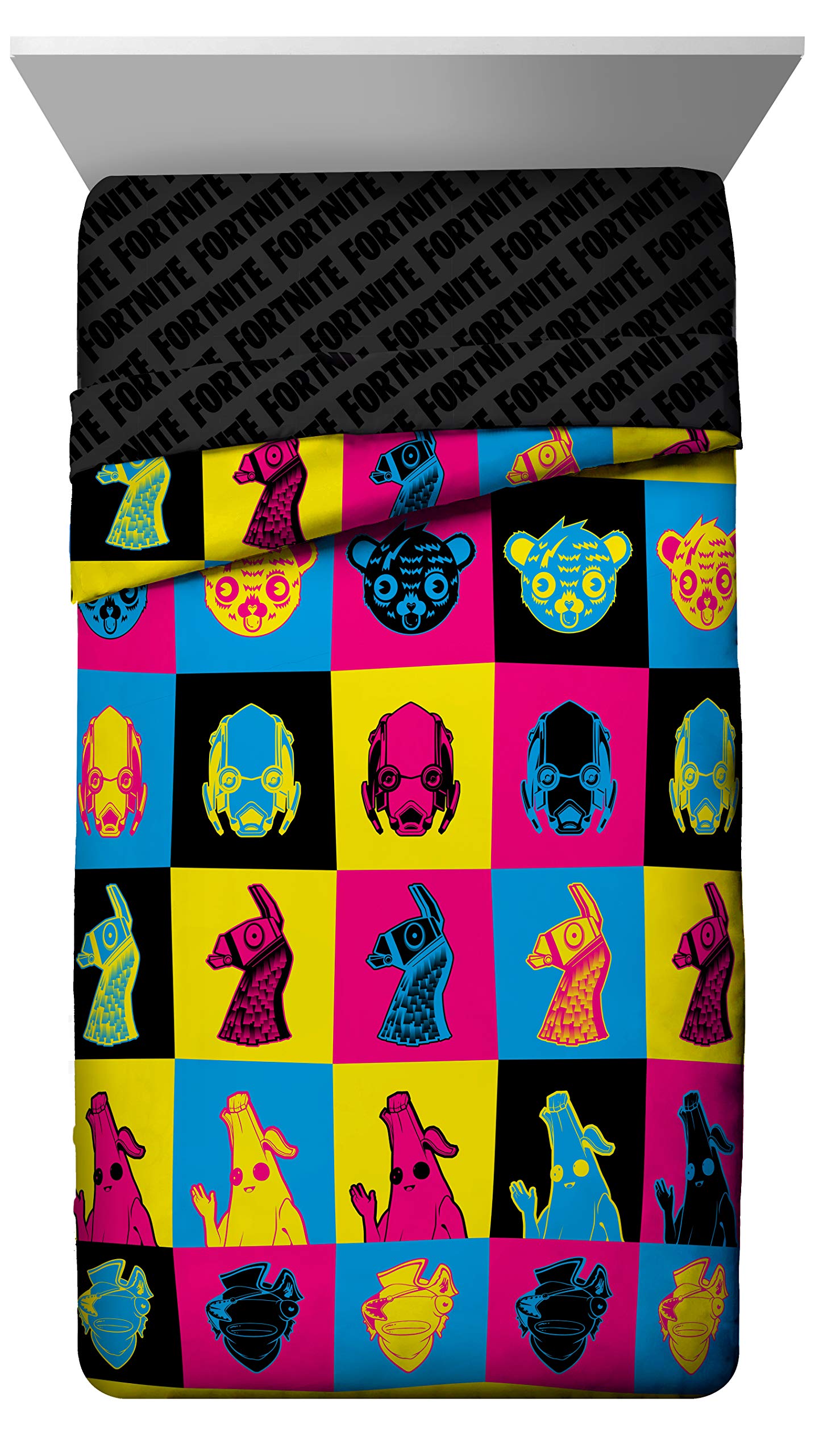 Jay Franco Fortnite Neon Warhol 4 Piece Twin Bed Set - Includes Comforter & Sheet Set - Bedding Features Llama, Peely, & Vertex - Super Soft Fade Resistant Microfiber (Official Fortnite Product)