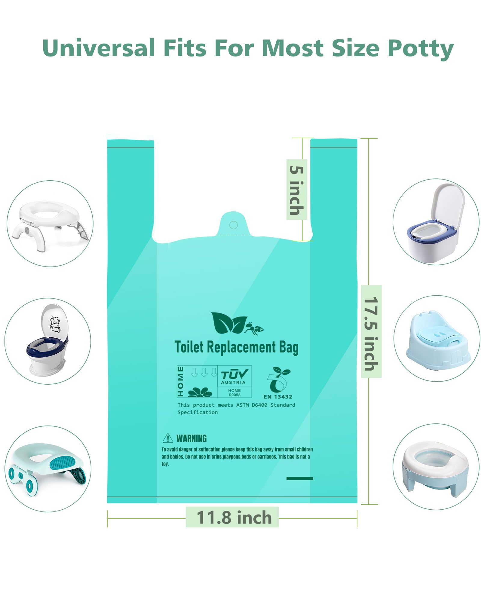 Compostable Disposable Potty Liners for Toddlers,AYOTEE 2 Gallon 100 Counts Compost Portable Potty Bags Potty Training Bags, Compatible Bedside Commode Liners Potty Chair Liners, Toilet Bags for Kids