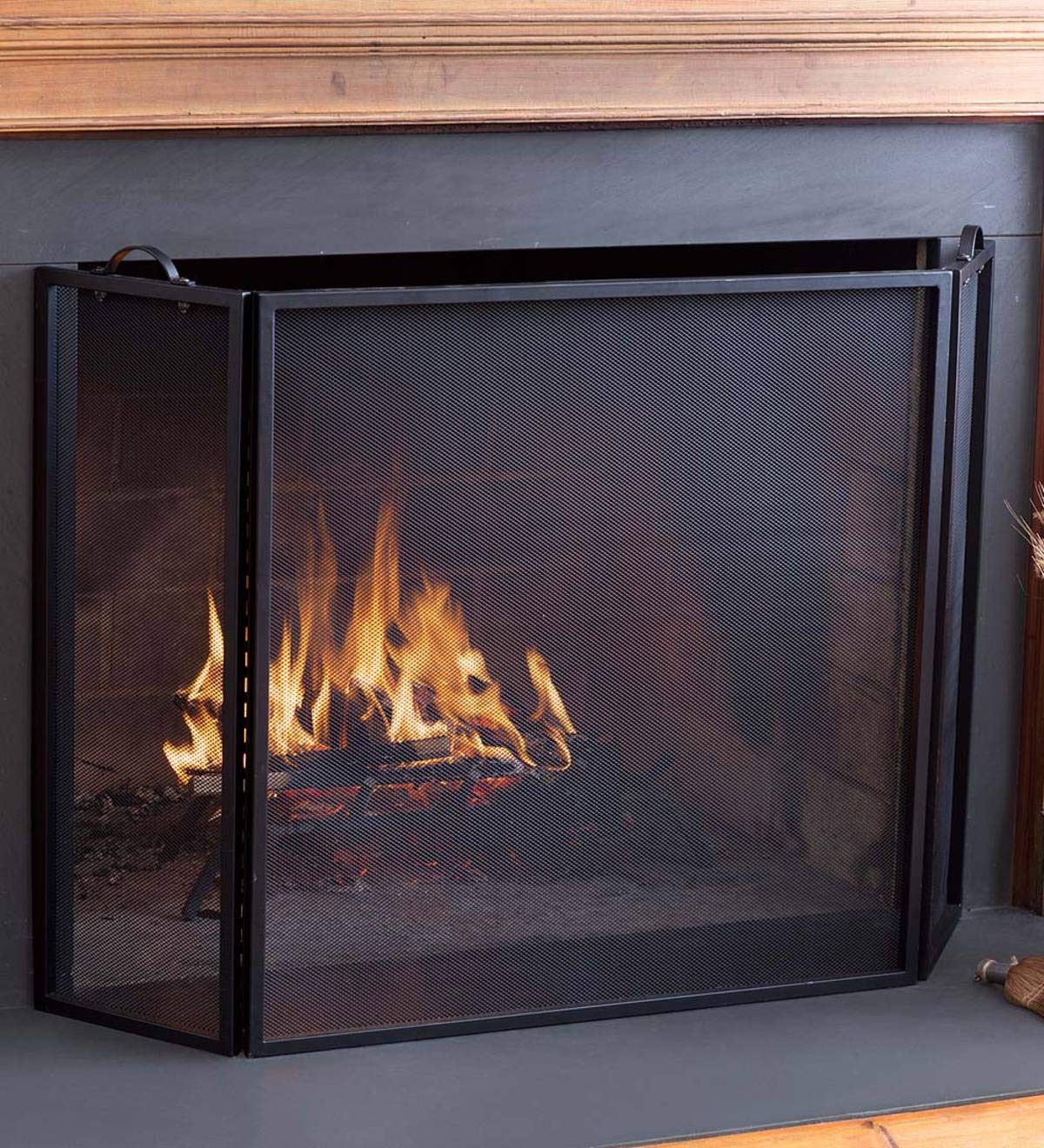 Plow & Hearth 3 Panel Flatguard Fireplace Screen, 50" W x 30" H, Black
