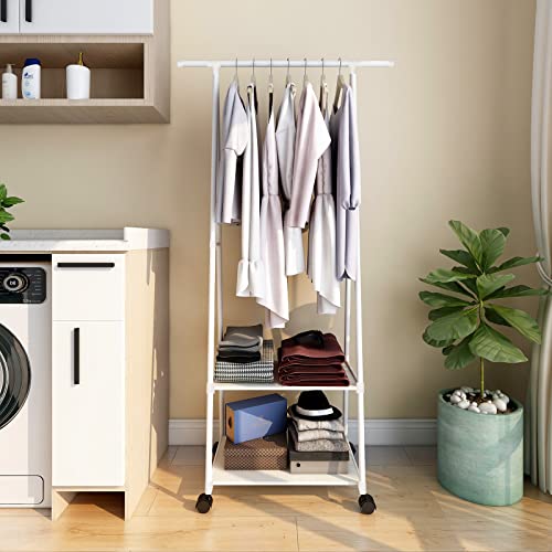 Jecpuo Clothes Rack Small Metal Garment Rack with Shelves for bedroom Rolling clothing rack for Hanging Clothes on Wheels for Hanging Clothes,clothes rack (White)