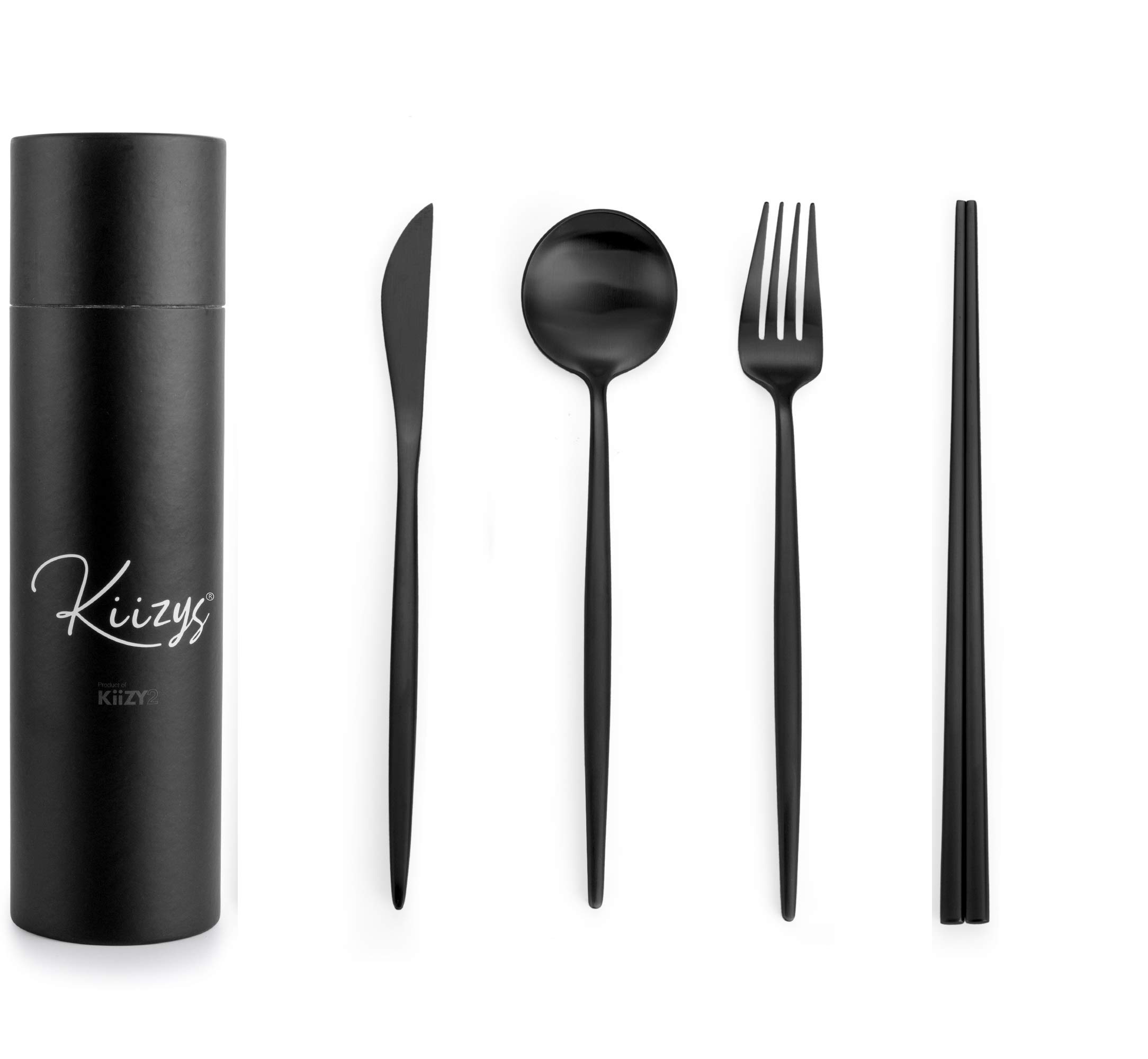 Copper Silverware Set Reusable Chopsticks - KiiZYs 14-piece Stainless Steel Utensils Set Kitchen Accessories - Modern Flatware Spoon Fork Knife - Cutlery Set Wedding Gift Box (Matte Copper, 2 Sets)