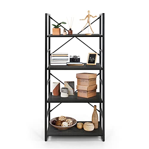 Fencer Wire 4 Tier Free Standing Shelf, 24 Inch Width Bookshelf, Bookcase Shelf Storage Organizer, Industrial Book Shelves for Home Office, Living Room, Kitchen, Black Wooden Shelves & Metal Frame