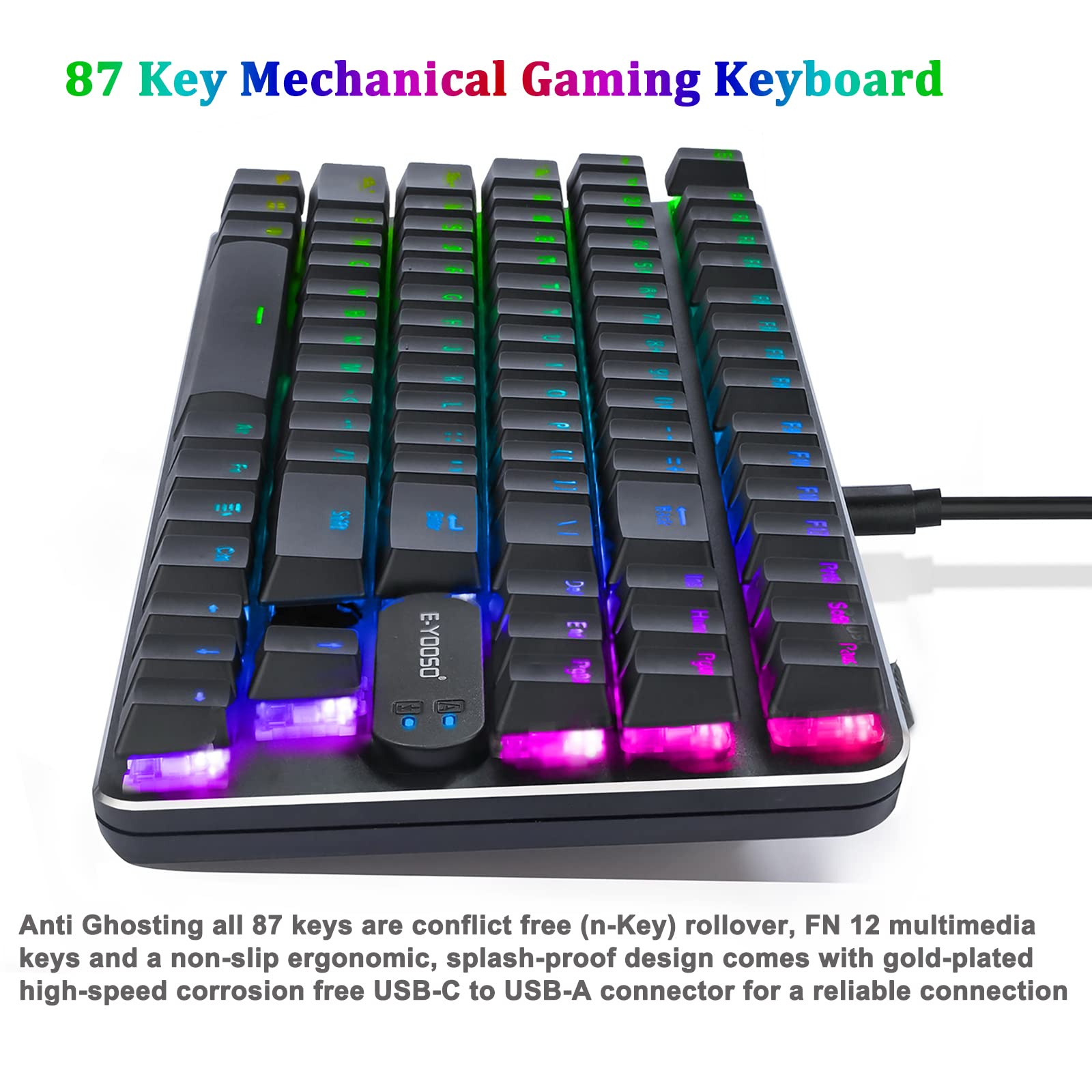 DEANEEK Mechanical Gaming Keyboard Compact 87 Key Tenkeyless RGB Backlit Computer Keyboard with TKL Tenkeyless Hot-Swappable Ultra-Slim USB-C Anti Ghosting for PC, MAC Z-66 (Black-Blue Switch)