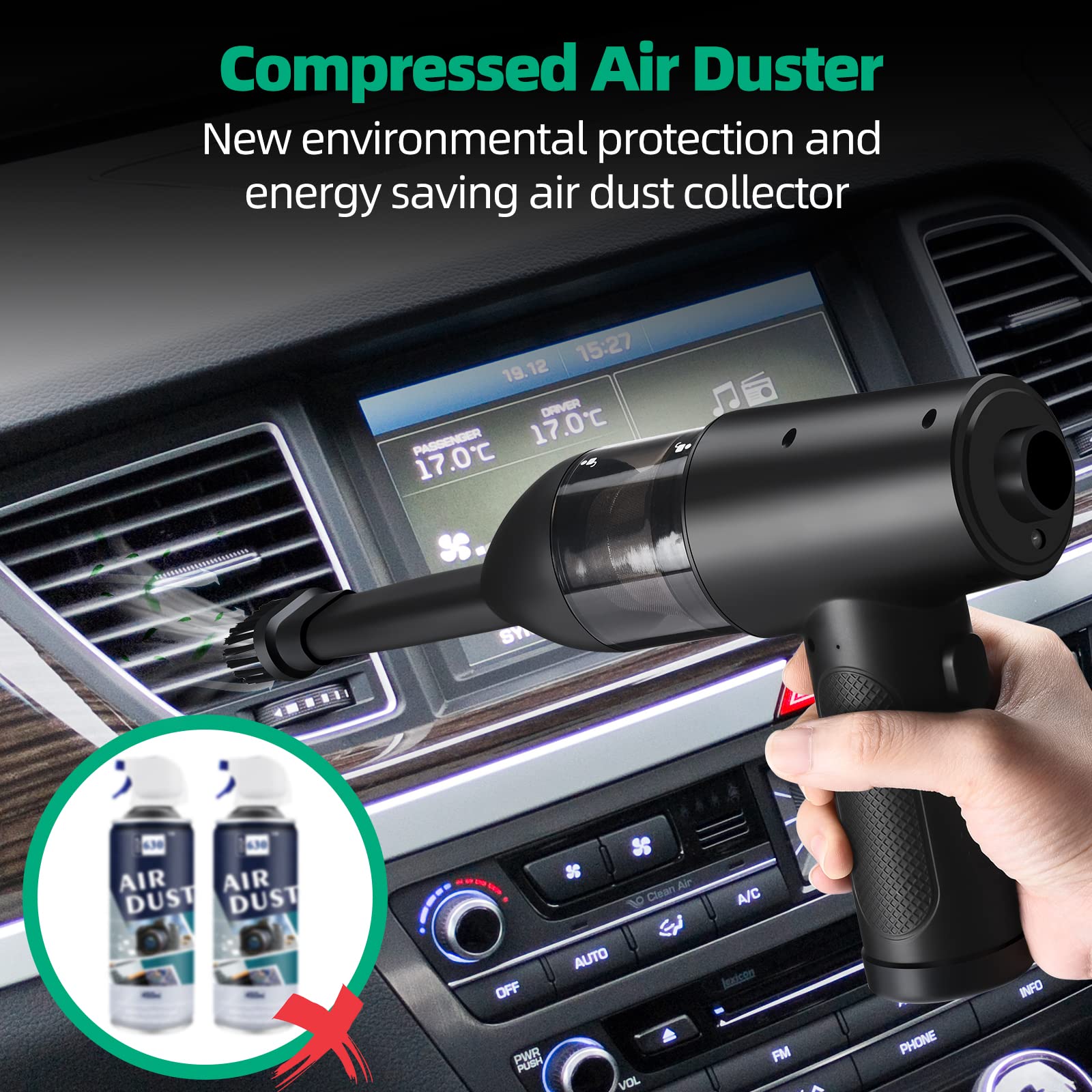 Compressed Air Duster, Cordless Air Duster & Vacuum 2 in 1, Electric Duster Reusable, 91000RPM Computer Vacuum Cleaner, Dust Blower for Computer, Car, Keyboard Clean, Replaces Compressed Air Cans