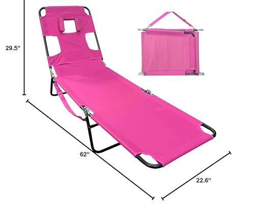 Face Down Tanning Chaise Lounge Chair - Face & Arm Holes - 2 Legs Support - Polyester Material β Backrest Positions - Head Rest Pillow - Beach or Home Use - Read and Tan - Pink Stripes Pattern