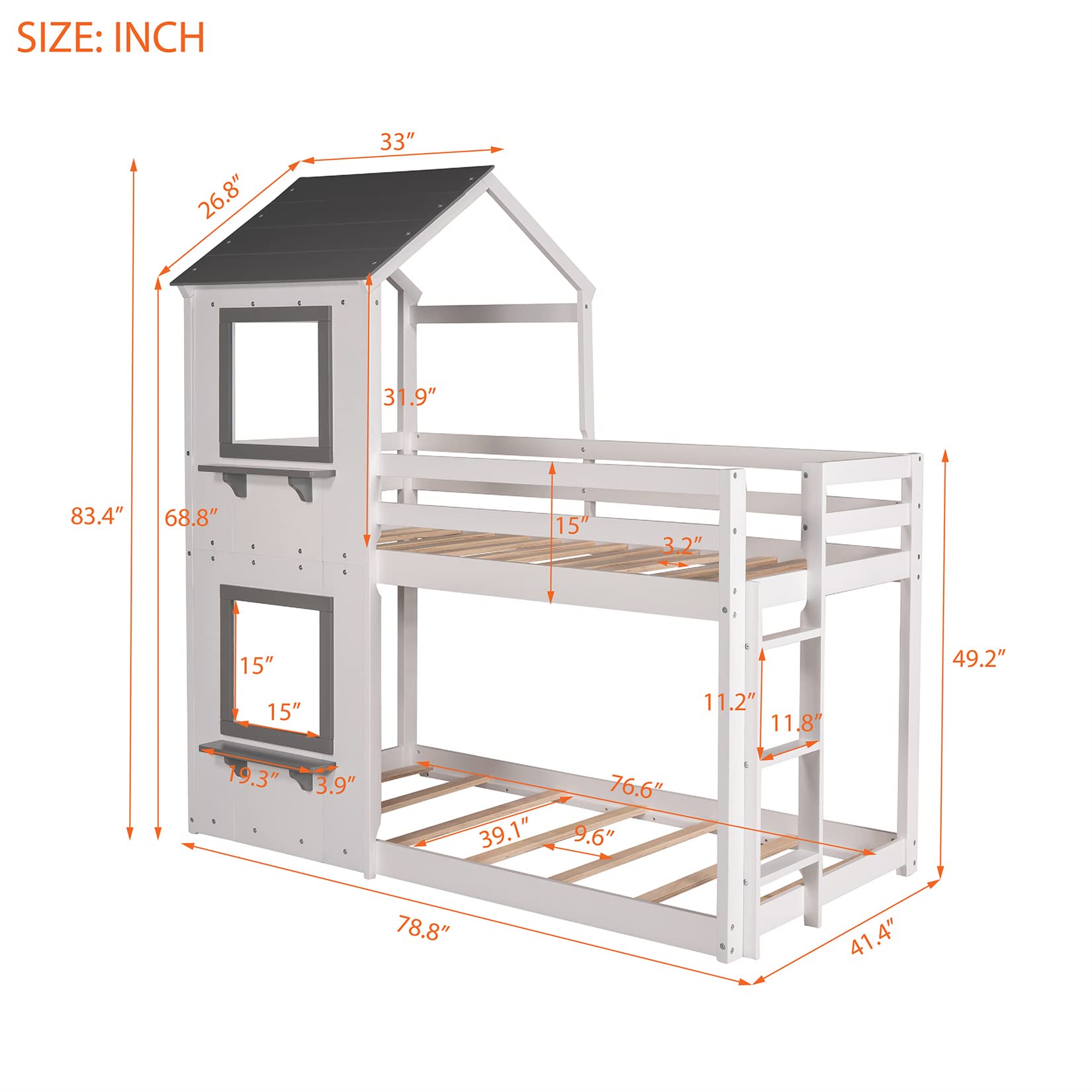 House Bunk Beds, Twin Over Twin Bunk Bed Wooden Floor Bunk Bed Frame for Kids/Teens/Girls/Boys, White