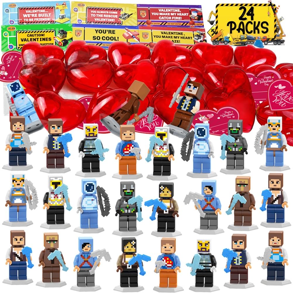 WODMAZ Valentines Day Gifts for Kids, 24 Pack Valentines Day Cards with Building Blocks PreFilled Hearts Box for for Boys Girls School Classroom Gift Exchange, Valentines Party Favors
