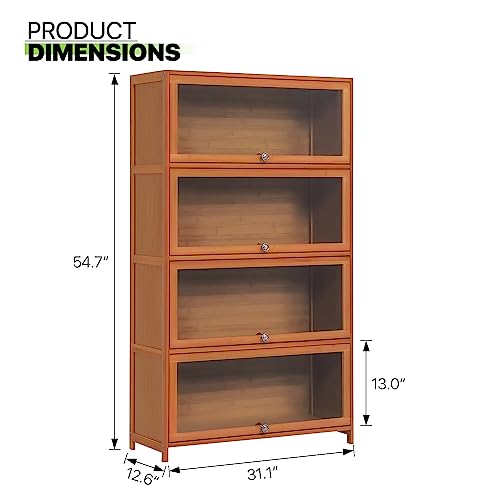Magshion Bamboo 4-Tier Display Case Bookcase with Clear Acrylic Flip-Up Doors, Wide Brown Kitchen Cabinet Storage Pantry Cabinet Showcase Storage Cabinet Organizer - 31" L x 12.5" W x 54.5" H