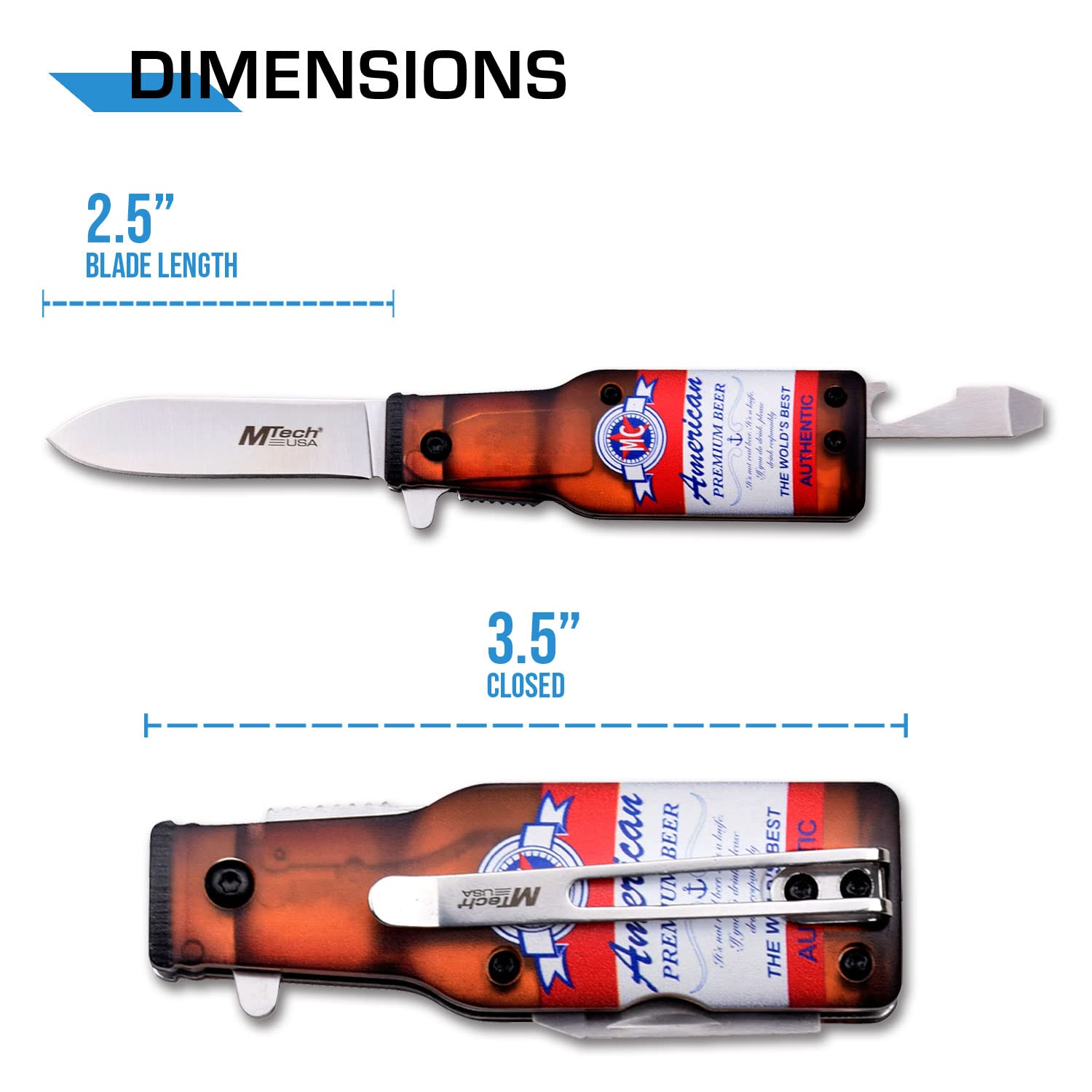 MTECH USA β Spring Assisted Folding Knife β Stands Upright β American Beer Knife - Stainless Steel Blade w/ABS Handle Shaped Like a Bottle, Bottle Opener, Screwdriver, Pocket Clip - EDC β MT-A1195A