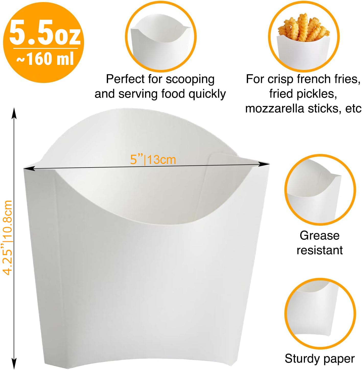 CUSINIUM [5.5 oz Medium White French Fry Containers - Disposable French Fries Holders