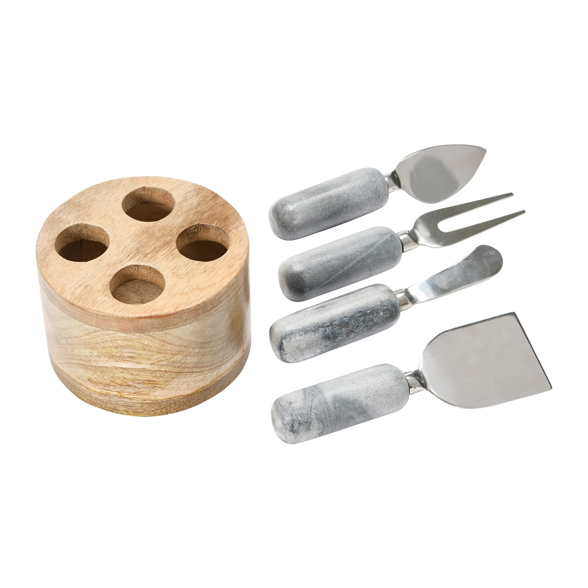 Creative Co-Op Stainless Steel Cheese Servers with Mango Wood Stand Cutlery, Set of 4, Grey & Natural