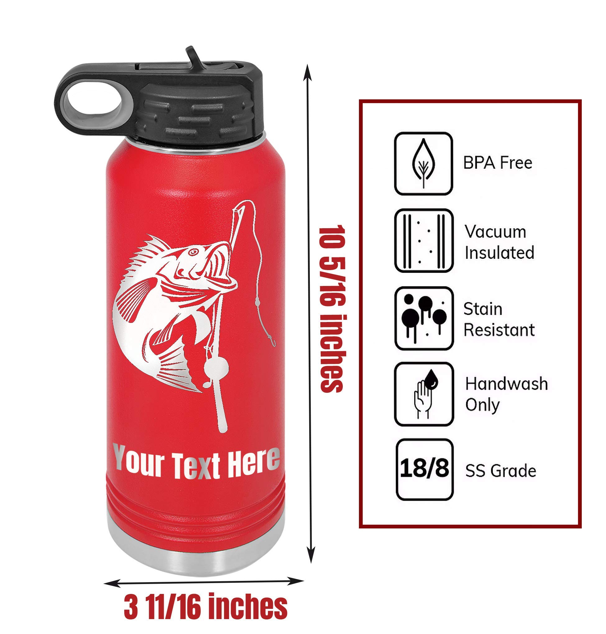 Customized Water Bottles with Flip-Top Lid and Straw, Personalized Stainless Steel Sports Fishing Double Wall Thermos, Custom Your Name and Text Engraved 32 OZ (Red)