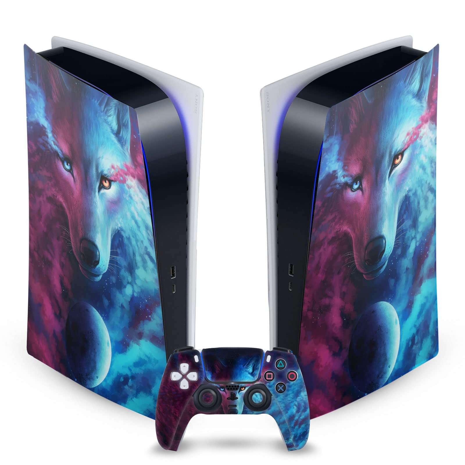 Wolf Galaxy Art Mix Matte Vinyl Faceplate Sticker Gaming Skin Case Cover Compatible with Sony Playstation 5 PS5 Digital Edition Console and DualSense Controller