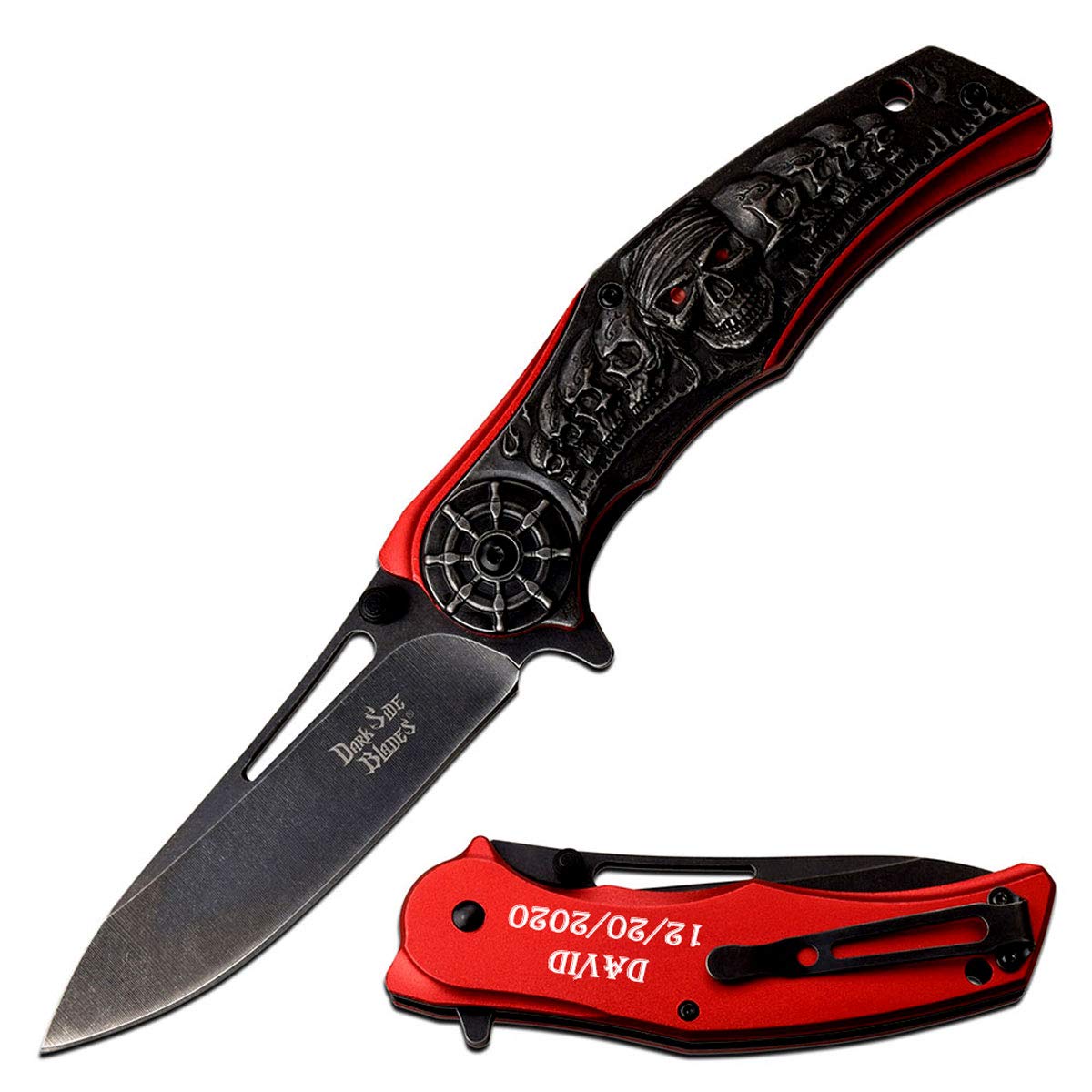 GIFTS INFINITY 3 Skull Personalized Laser Engraved Pocket Knife, Fathers Day, Groomsmen Gift, Graduation Gifts, Gifts for Men Free Engraving (Red)