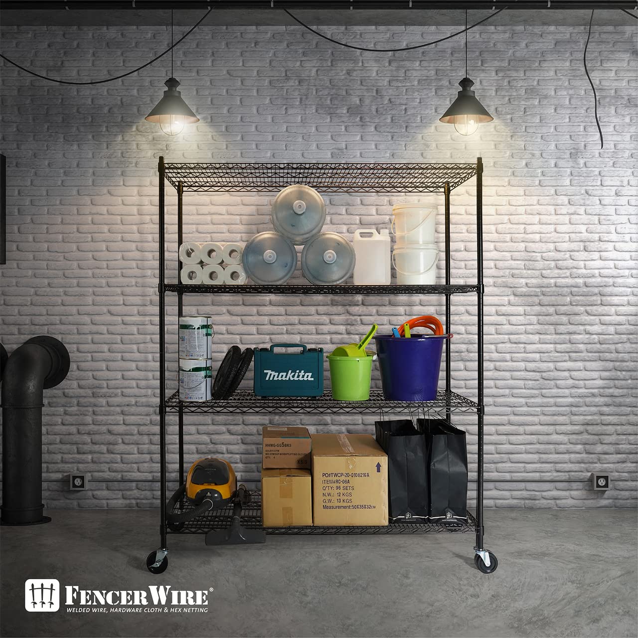 Fencer Wire 4-Tier Commercial Grade Heavy Duty Adjustable Height Wire Shelving w/Casters & Leveling Feet, Garage Shelving Storage Organizer, Storage Metal Steel Shelf, Utility Storage Shelf, Black.