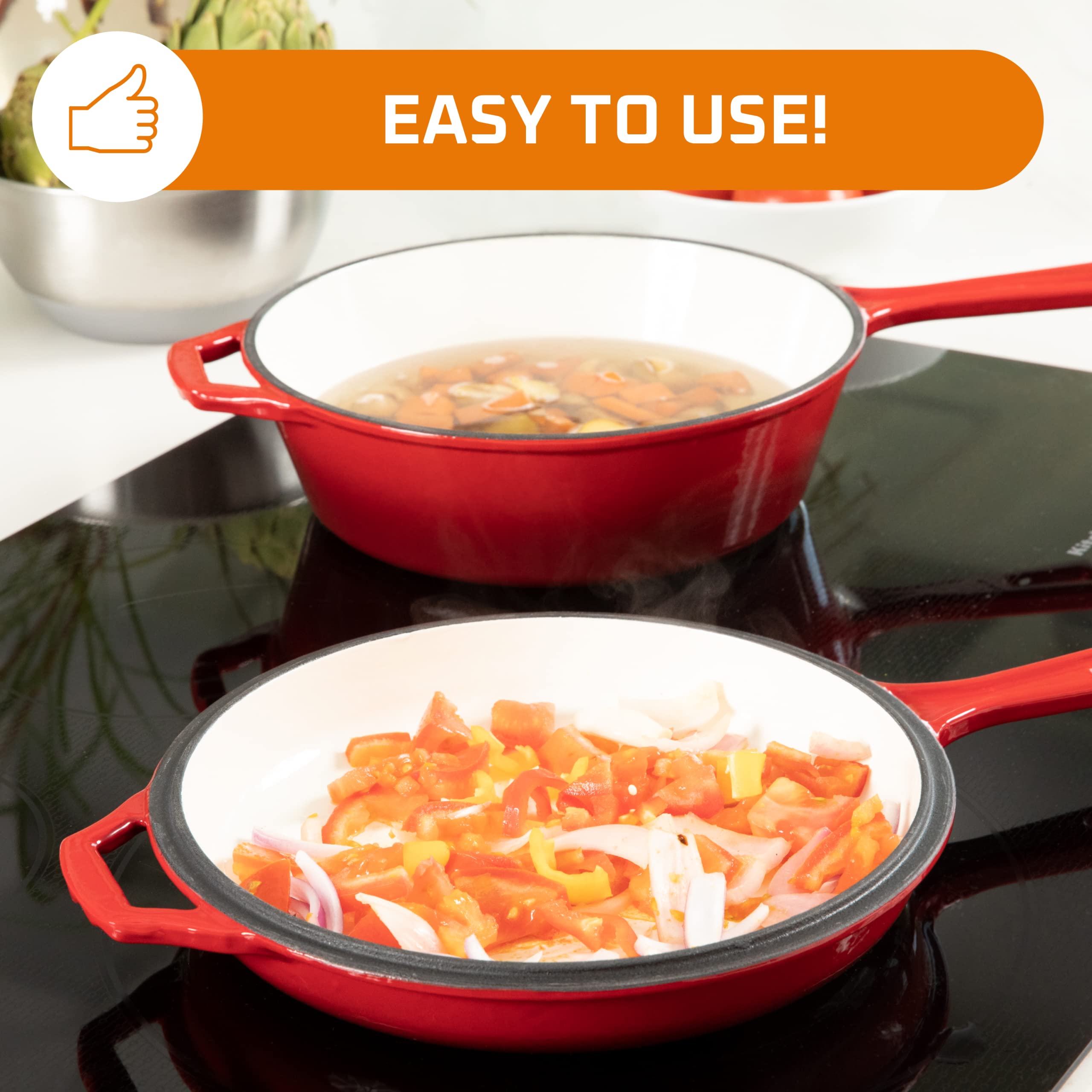 Bruntmor 2 in 1 Enameled cast iron pot with lid, 3QT Cast Iron Dutch Oven & Skillet Combo, Enameled Cast Iron Cookware with Lid, Perfect for Braising, Casseroles and Slow Cooking - Red