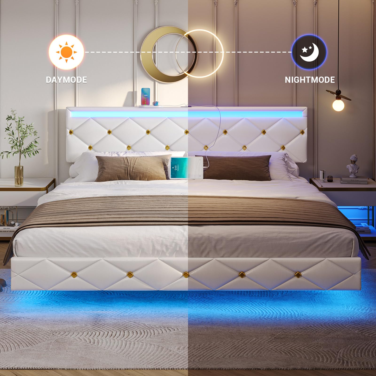 Hasuit Floating Bed Frame King Size with LED Lights and Charging Station, Modern King Platform Bed with Vegan Leather Upholstered Headboard, No Box Spring Needed, Noise Free, Easy to Assemble
