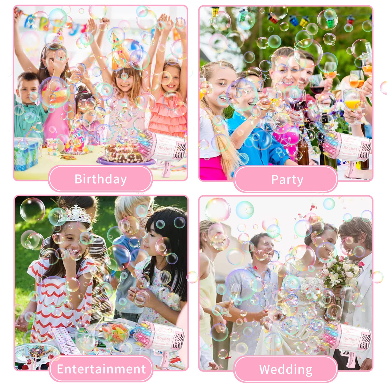 Bubble Gun with Light/2 Bottles Bubble Solution (30 Packs Extra Bubble Solution), 69 Holes Bubble Machine Gun for Kids Adults, Bubble Maker, Summer Toy Gift for Outdoor Indoor Birthday Wedding Party