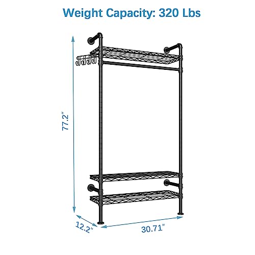 Timate F1 Pipe Clothes Rack Wall Mount Heavy Duty Closet Organizer System Hanging Closet Rack for Clothes, Closet Kit Walk in Closet Systems, Adjustable Storage Closet Shelves Wardrobe Closet, Black