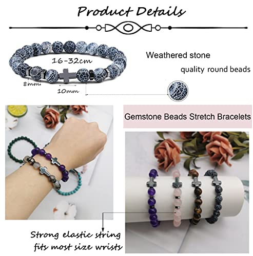 SAMOCO 12Pcs Healing Stone Beaded Bracelets for Women Men Semi-Precious Gemstones Bracelets Crystal Cross Beaded Bracelet Unisex Adjustable Stretch Bracelets 8MM