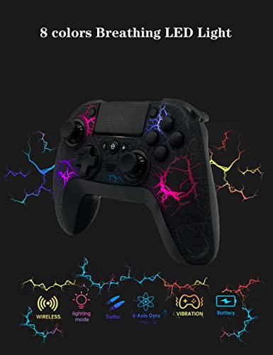 TJPD Wireless Controller for PS4, Wireless Remote Gamepad with Unique Cracked Design/8 Adjustable LED Colors/Programmable Back Buttons/Super Turbo/Dual Vibration, Widely Compatible with PS4/PC/iOS