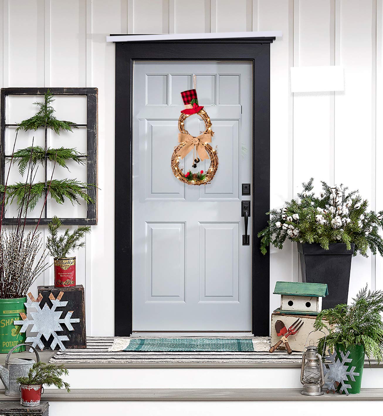 DearHouse 16 x 8 Inch Lighted Christmas Wreath Decoration, Grapevine Wreath with Hat and Bow Snowman Shape Wreath for Front Door Home Garden Wall Decor