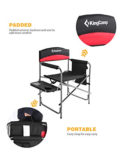KingCamp Camping Chairs 2 Pack, Heavy Duty Folding Directors Chair Sports Chair Oversized Padded Seats with Side Table Storage Pockets Armrest for Adults, Supports 396 lbs, Red