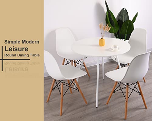 RokiaTek Round Dining Table Dia 31.5" Wood Top Metal Legs Simple Modern Leisure Table for Kitchen Dining Room Cafe Office Conference Coffee Room 2 to 4 People, White